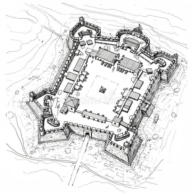 Medieval Castle Blueprint Showcasing a Large Rectangular Courtyard ...