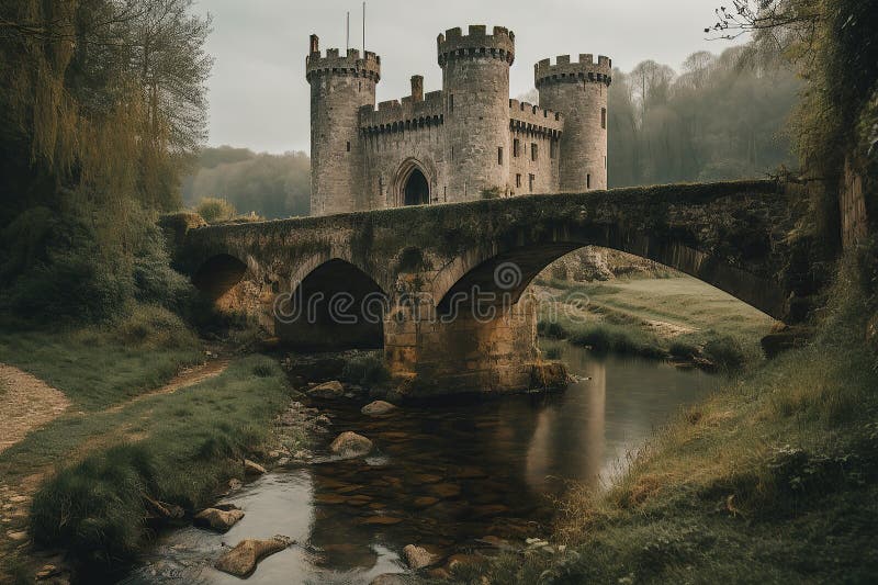 Medieval Castle with Bridge and Blue Sky Created by Generative AI Stock ...