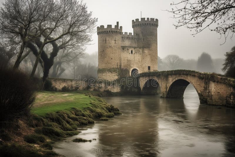 Medieval Castle with Bridge and Blue Sky Created by Generative AI Stock ...