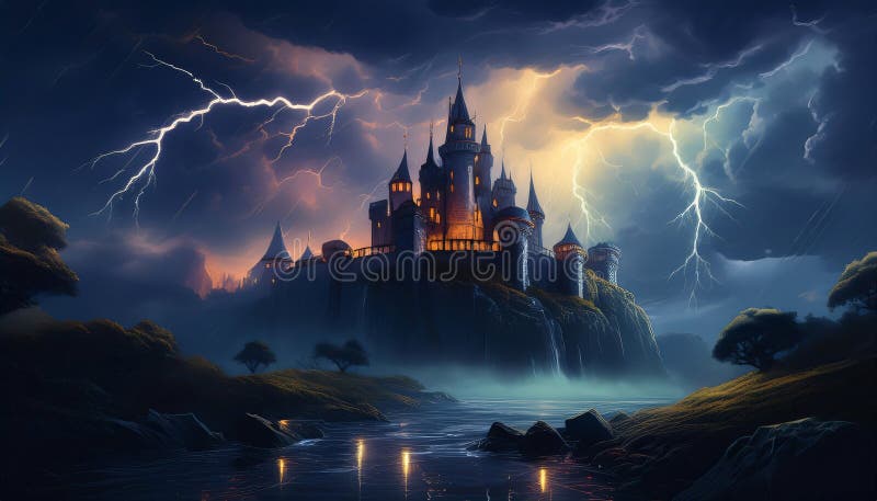 Castle on Cliff Surrounded by River in the Midst of a Lightning Storm ...