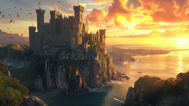 A Medieval Castle on a Cliff Overlooking the Ocean. Resplendent. Stock ...