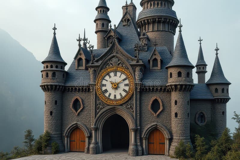 Medieval Castle Clock with Fantasy Design Stock Illustration ...