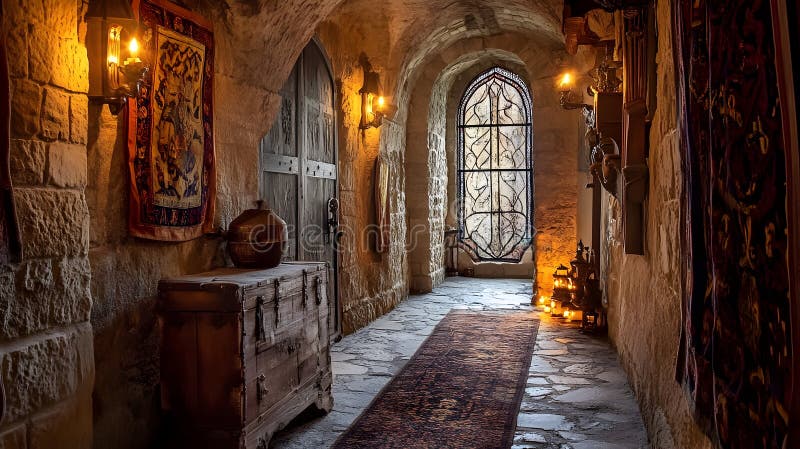 Medieval Castle Corridor with Stone Walls and Stained Glass Window ...