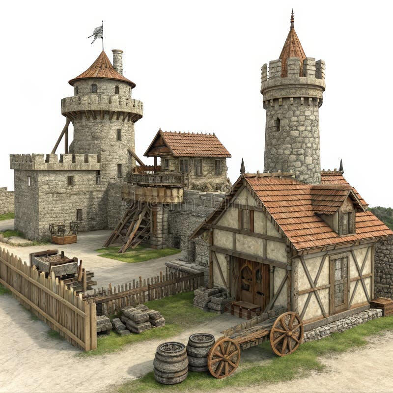 Medieval Castle Courtyard 3D Render, Stone and Wood Structures, Fantasy ...