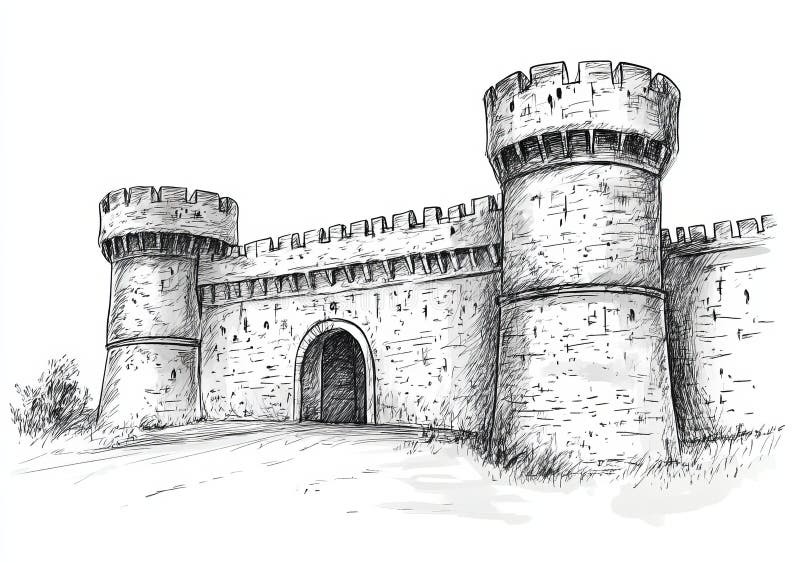 Medieval Castle Depicted in a Sketch Illustration with a Clear ...