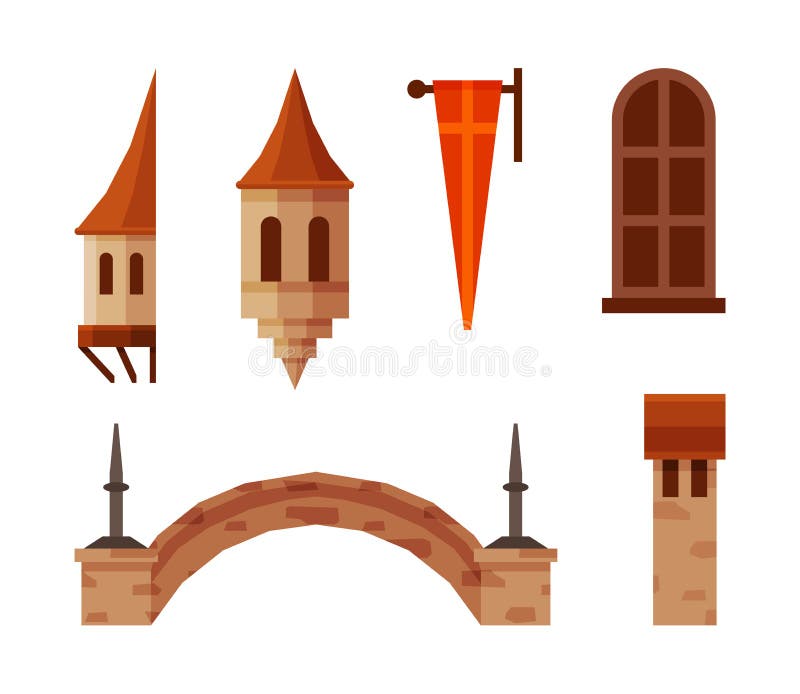Medieval Castle Elements with Pennant, Window, Tower and Bridge Vector ...