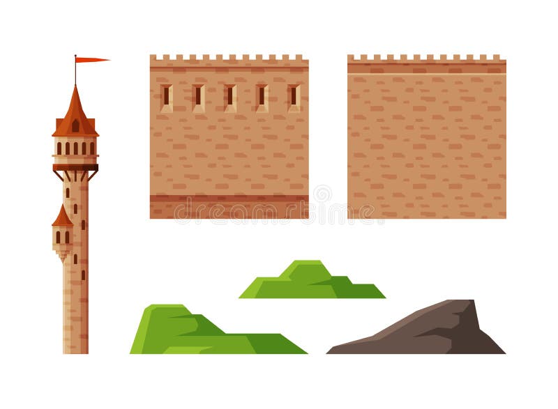 Medieval Castle Elements with Wall and Tower with Flag Vector Set Stock ...