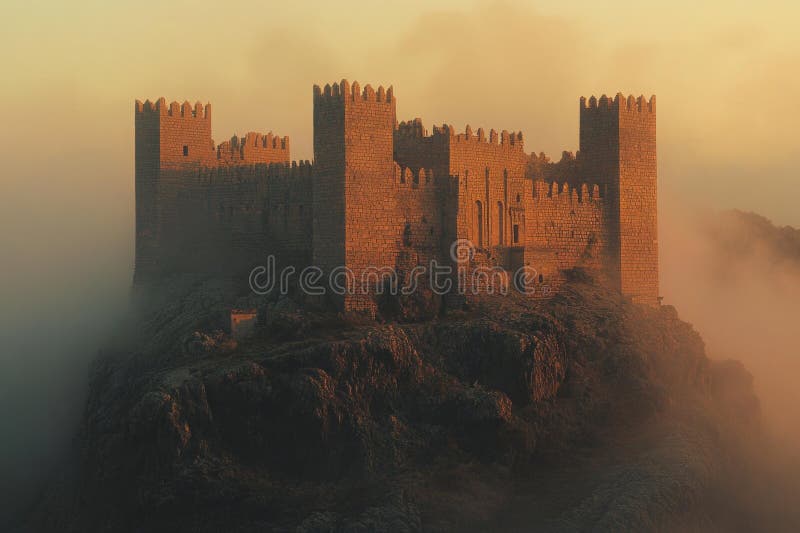 Medieval Castle Emerging from Fog at Sunset Stock Image - Image of ...