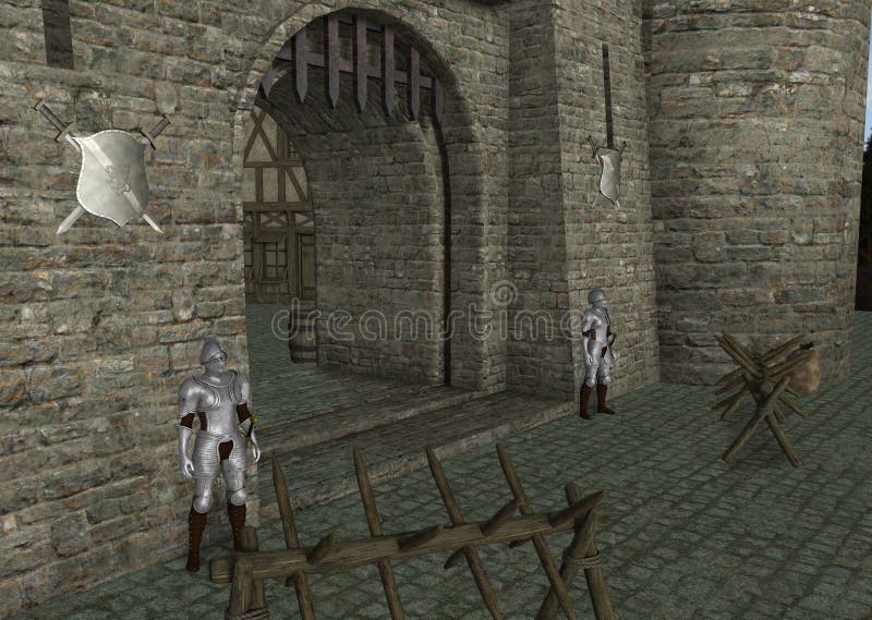 Medieval Castle Entrance With Guards Illustration Stock Illustration ...