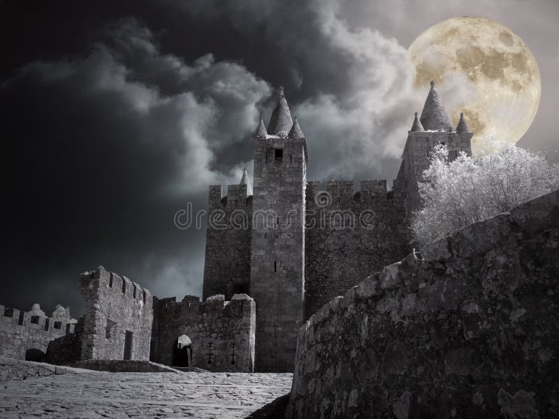 Medieval Castle in a Full Moon Night Stock Photo - Image of dark, blue ...