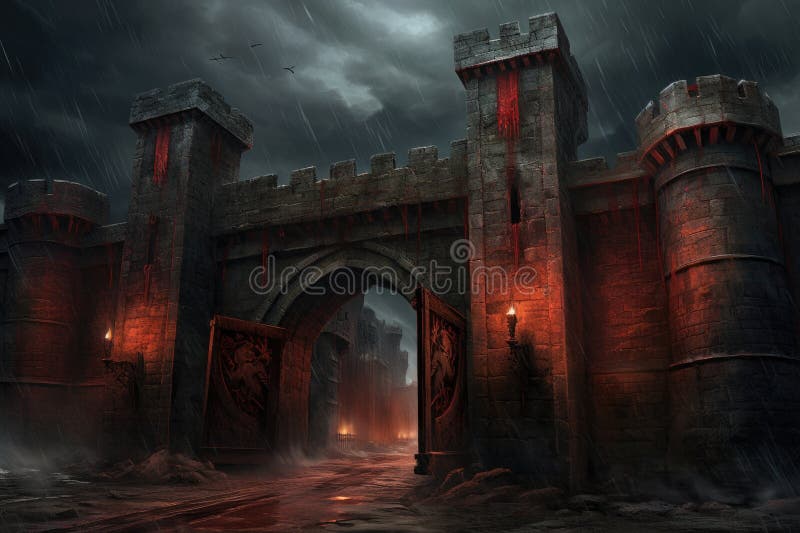 A Medieval Castle Gate with Red Storm Clouds Looming Behind Stock Photo ...