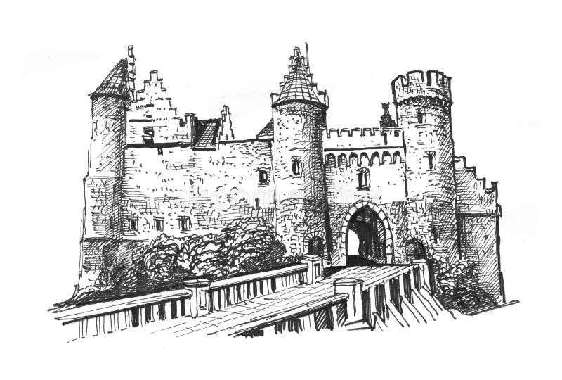Medieval Castle. Hand Drawing Sketch Stock Illustration - Illustration ...