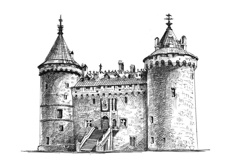 Medieval Castle. Hand Drawing Sketch Stock Illustration - Illustration ...