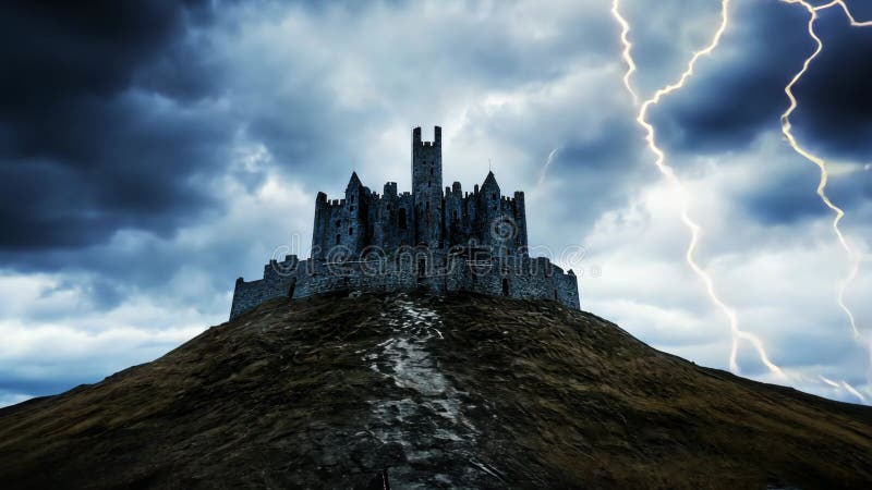 Medieval Castle on a Hill Struck by Lightning during a Storm Stock ...