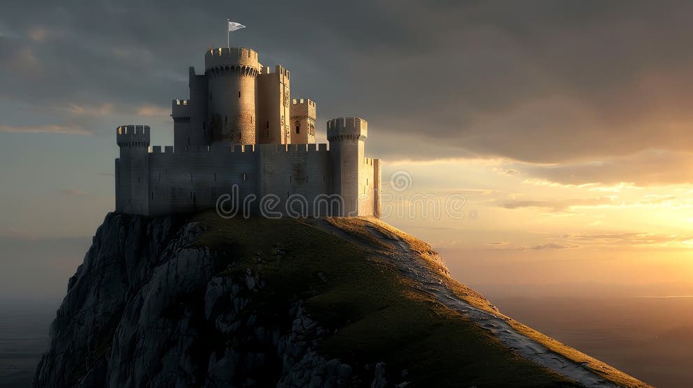 A Medieval Castle on a Hilltop, Banners Flying in the Wind Stock ...