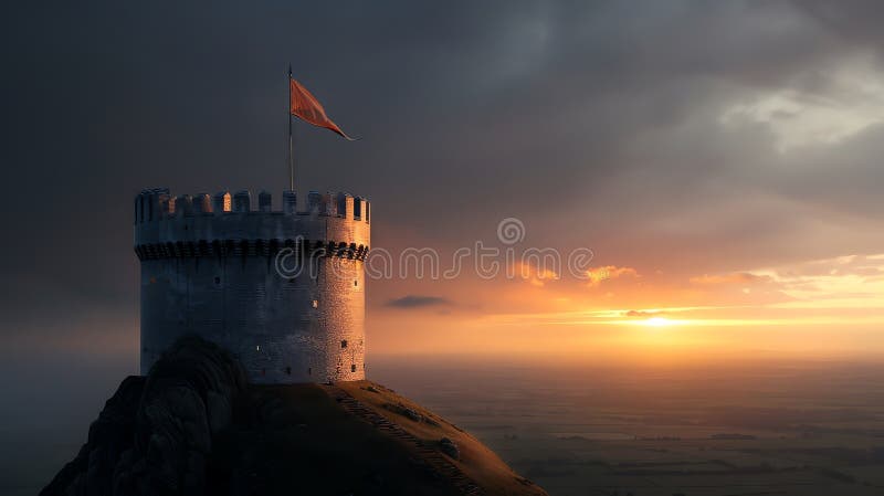 A Medieval Castle on a Hilltop, Banners Flying in the Wind Stock ...