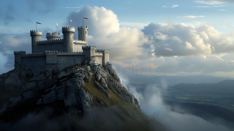 A Medieval Castle on a Hilltop, Banners Flying in the Wind Stock ...
