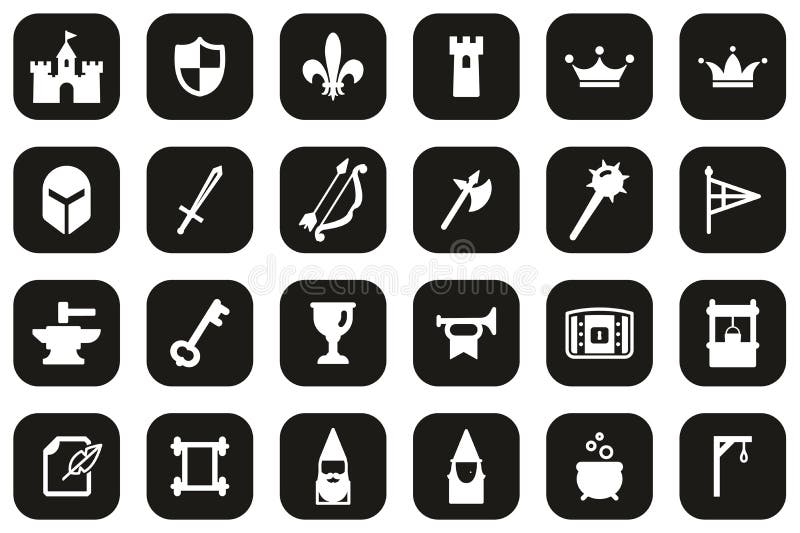 Medieval Castle Icons White on Black Flat Design Set Big Stock Vector ...