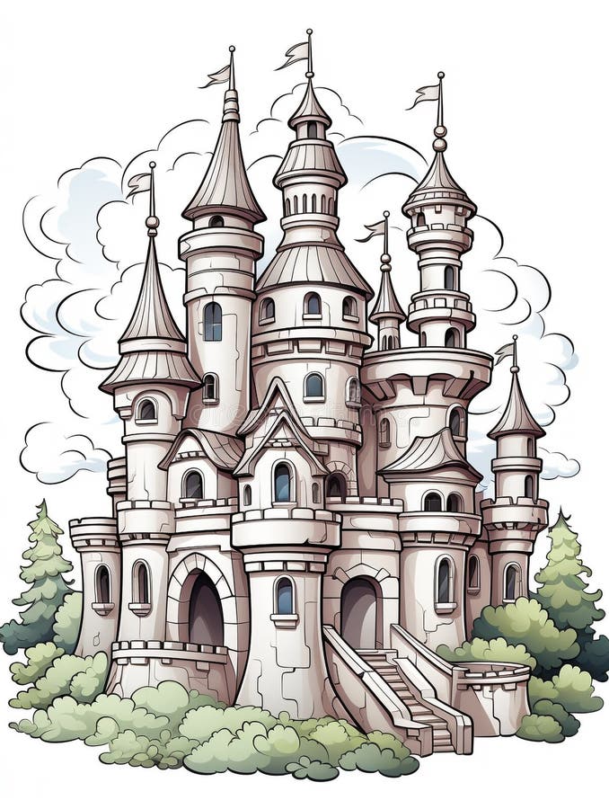 Medieval Castle Illustration in Black and White Medium. Stock ...