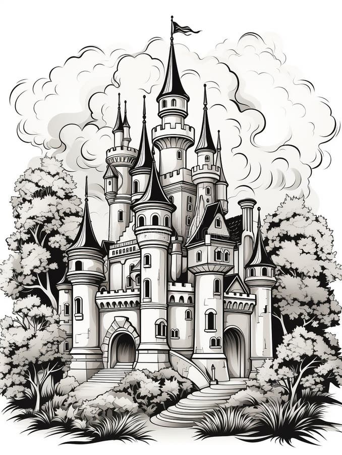 Medieval Castle Illustration in Black and White Medium. Stock ...