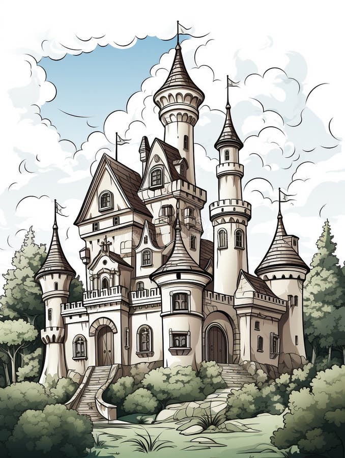 Medieval Castle Illustration in Black and White Medium. Stock ...