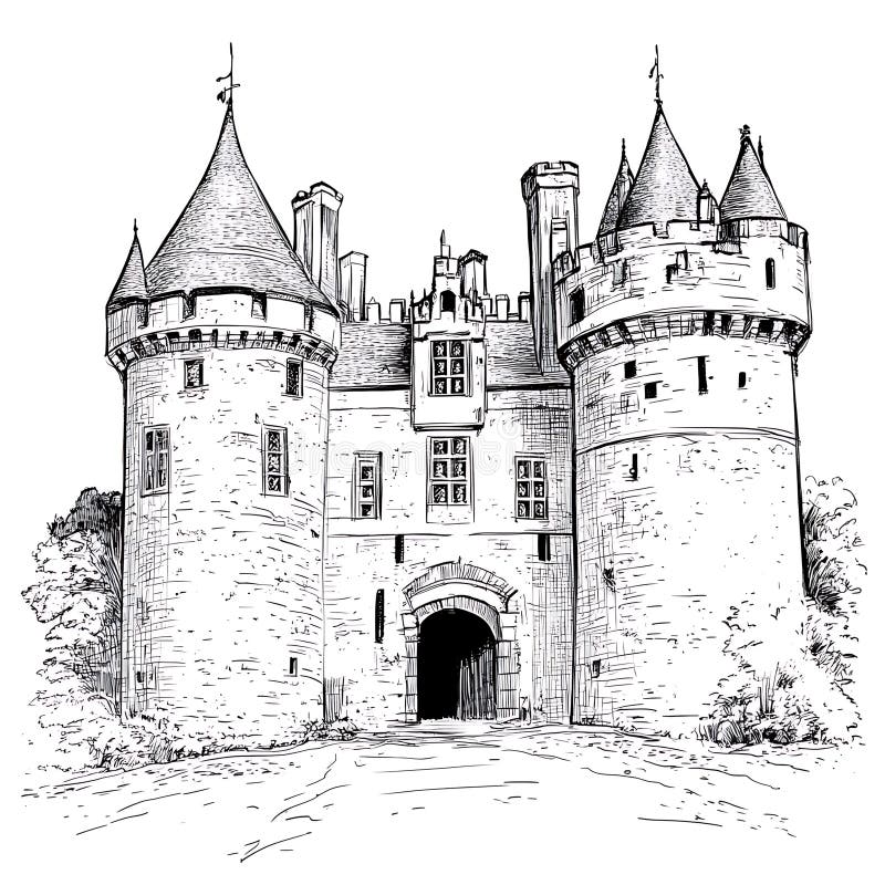 Medieval Castle Illustration, Stone Walls, Towers, Gate Stock ...