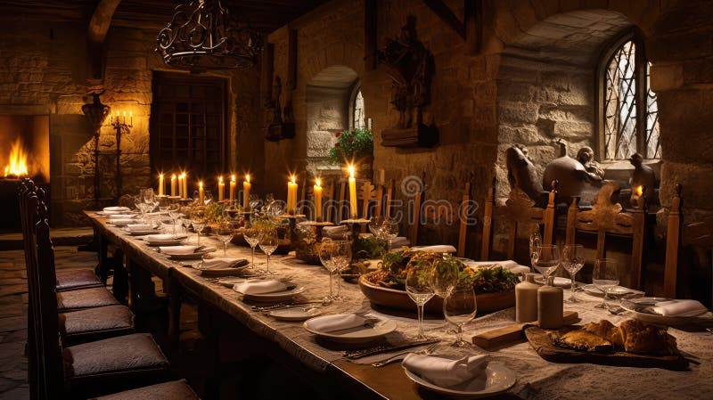 Medieval castle interior stock illustration. Illustration of table ...