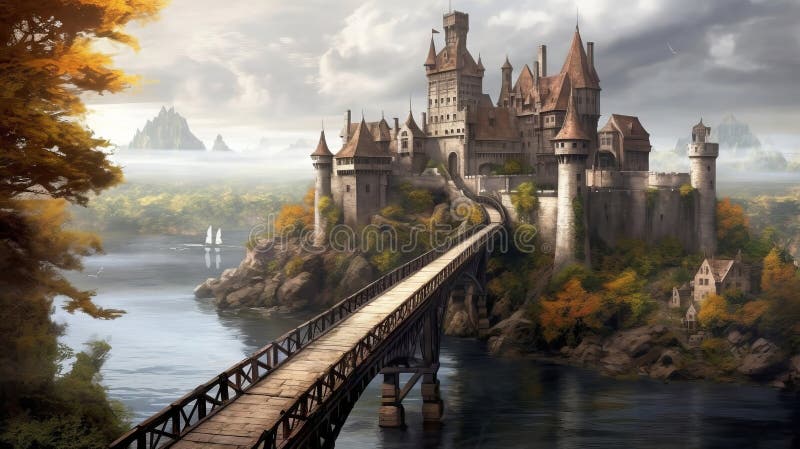 Medieval Castle on the Island and a Bridge Leading. Generative AI ...