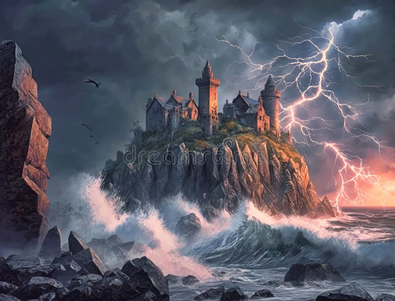 Medieval Castle on the Island Sunset Sea Generative AI Illustration ...