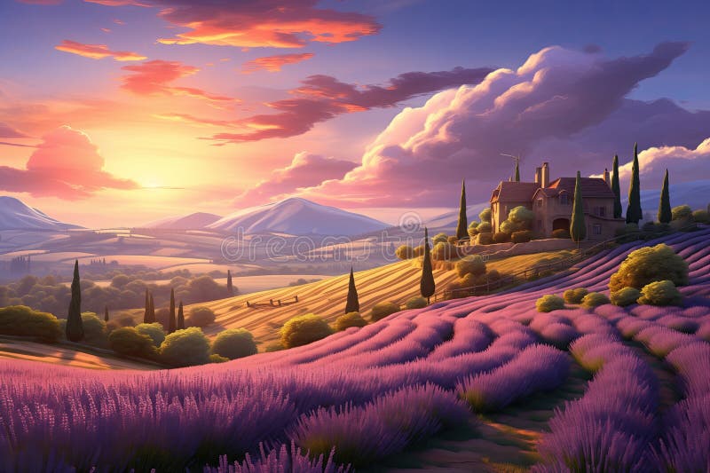 Medieval Castle with Lavender Fields and Cypress Trees. Mountains in ...