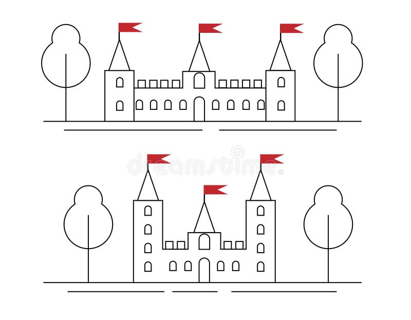 Medieval Castle Line Art with Trees Set Stock Illustration ...