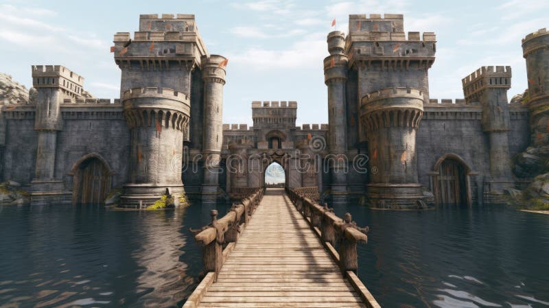 The Majestic Medieval Castle and Its Serene Moat Stock Illustration ...