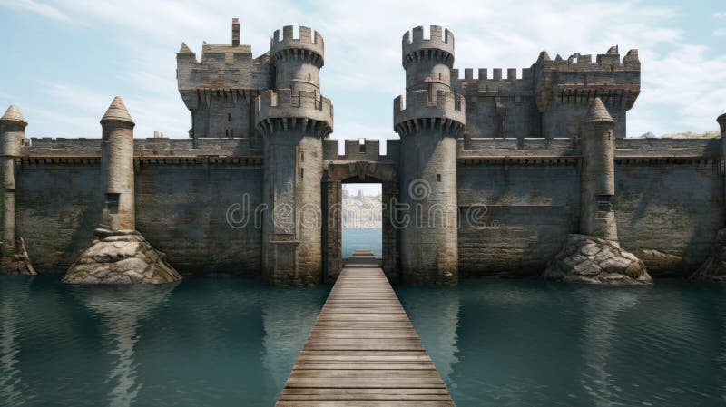The Majestic Medieval Castle and Its Serene Moat Stock Illustration ...