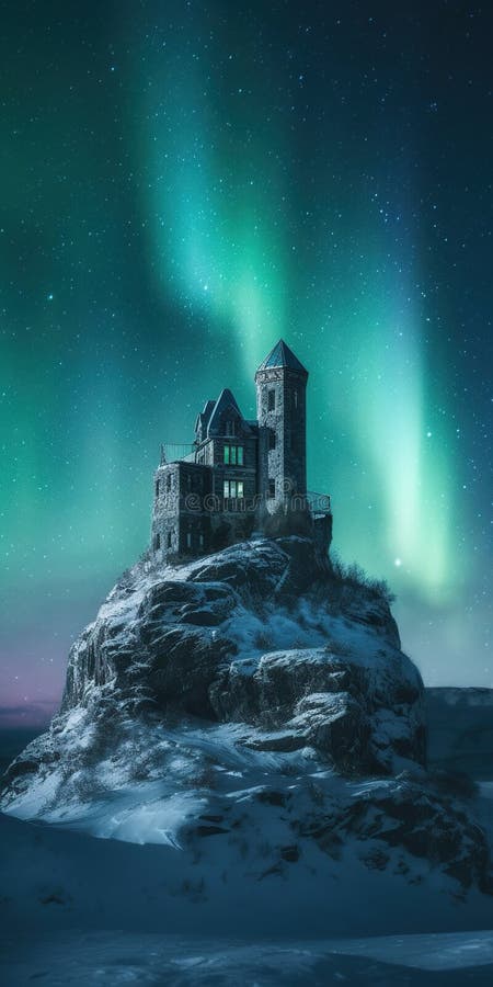 Medieval Castle on Hill during Northern Lights in Winter Night Stock ...