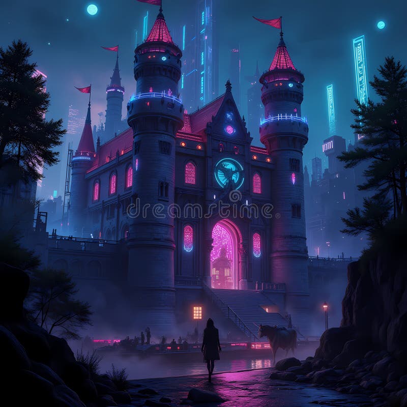 A Medieval Castle with Neon Lights, Holographic Banners, and Futuristic ...