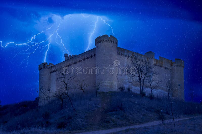 Medieval Castle at Night with Storm Stock Image - Image of historic ...