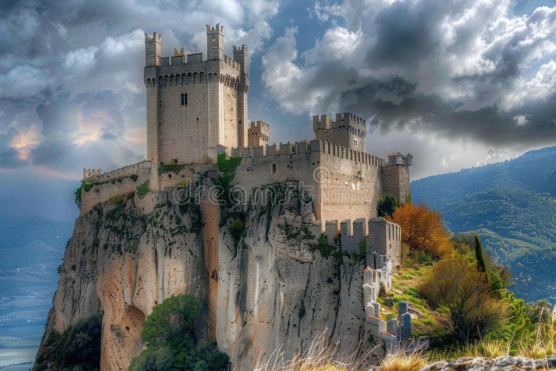 Medieval Castle Perched on a Cliff with Dramatic Sky Stock Image ...