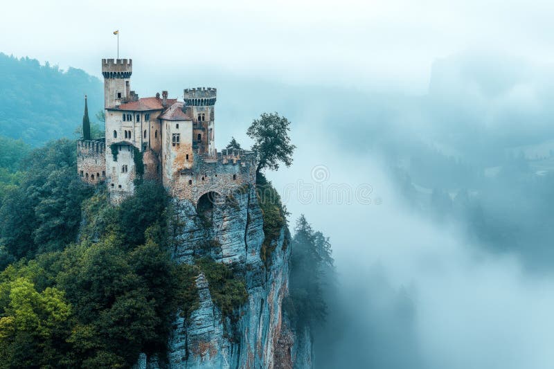 Medieval Castle Perched on a Cliff Emerging from the Fog Stock Image ...