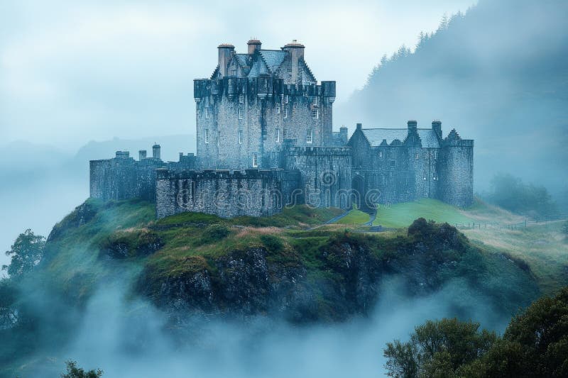 Medieval Castle Perched on a Cliff Emerging from the Fog Stock Image ...