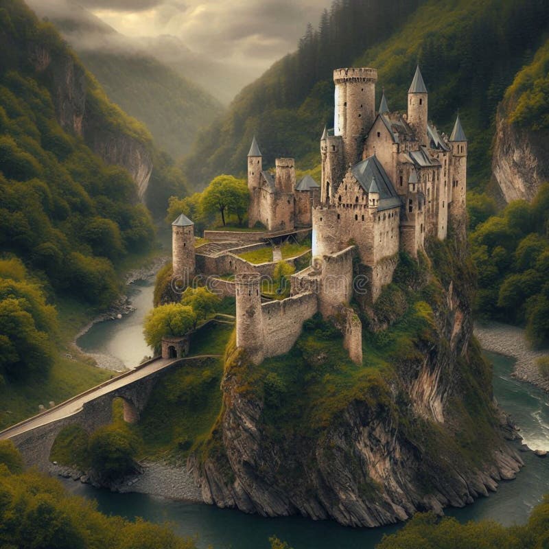 A Medieval Castle Perched on a Cliff Overlooking a River. the Castle is ...