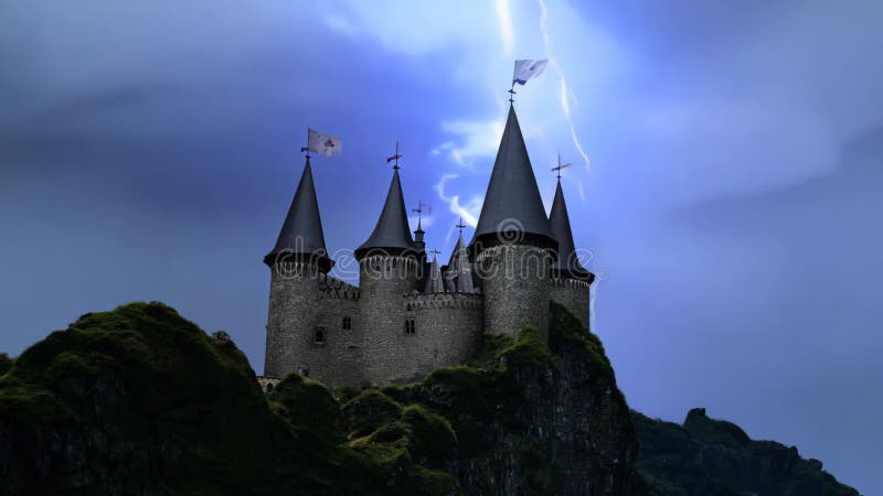A Medieval Castle Perched on a Hilltop with Dramatic Lightning ...