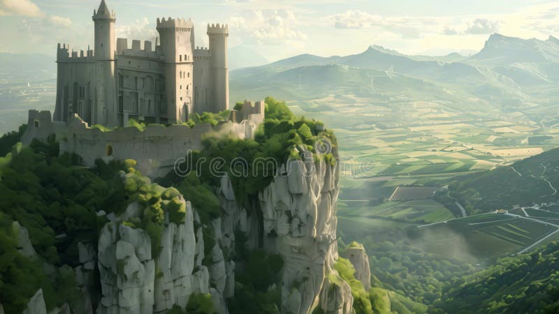 A Medieval Castle Perched on a Mountain Peak, Towering Over a Vast ...