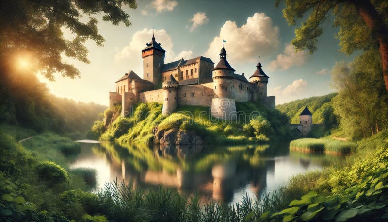 Medieval Castle Reflecting in Lake during Sunset with Lush Greenery ...