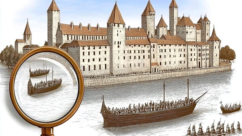 Medieval Castle River Ships Magnifying Glass History Illustration Stock ...
