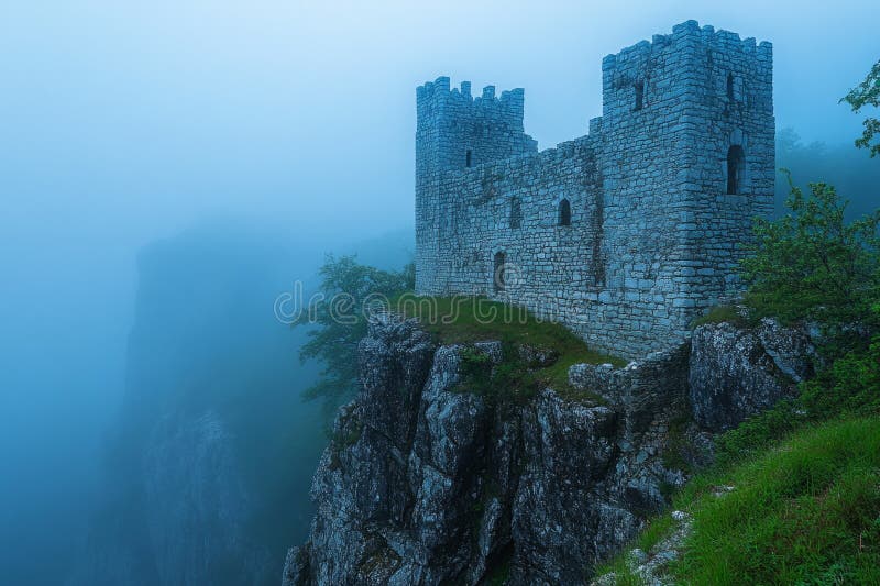Medieval Castle Ruins Perched on a Cliff in the Fog Stock Image - Image ...