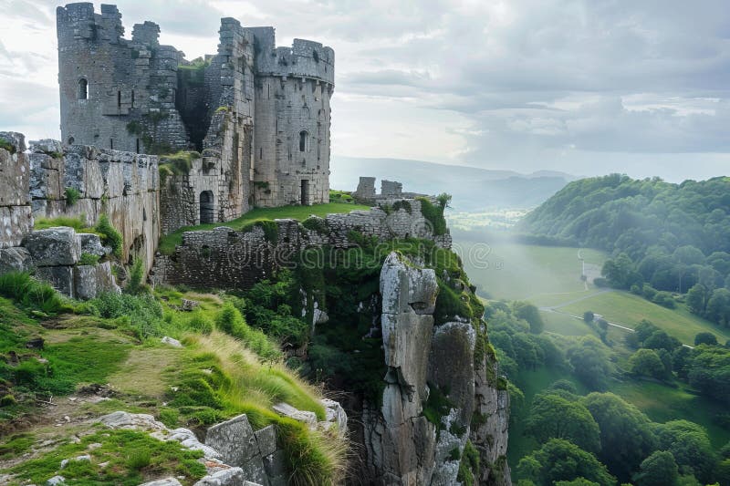 Medieval Castle Ruins Perched on a Cliff Overlooking a Valley Stock ...