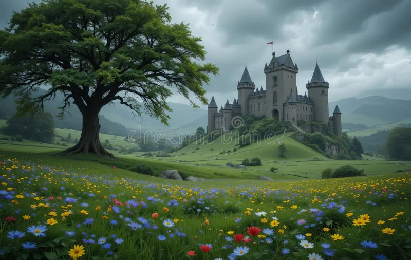 A Medieval Castle Surrounded by a Green Field with Flowers and a Large ...