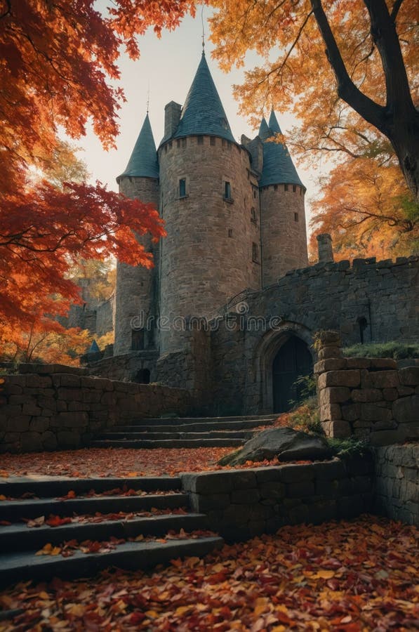 Autumnal Stone Castle with Red Maple Leaves and Stone Steps Stock ...