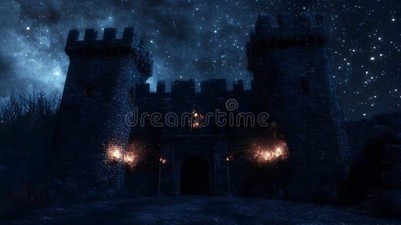 Medieval Castle with Torches Under Starry Night Sky Stock Image - Image ...