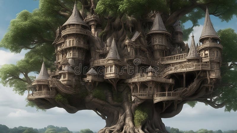 Castle Treehouse in a Giant Tree AI Created Stock Illustration ...